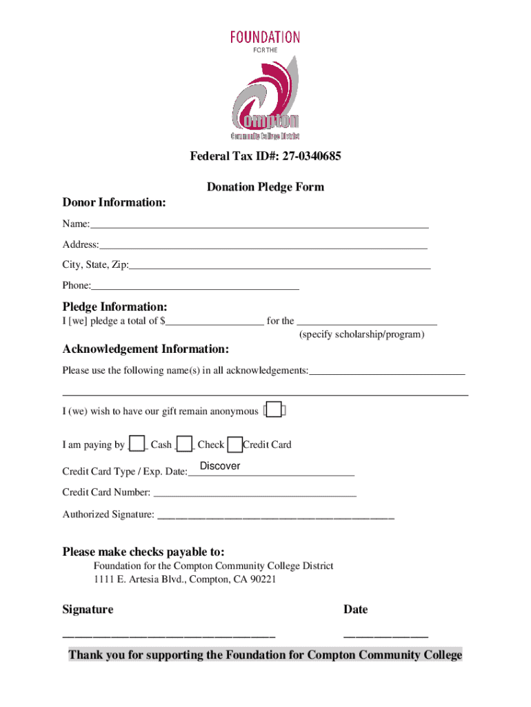 Fillable Online 27-0340685 Donation Pledge Form Donor Information Fax ...