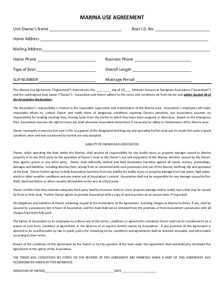 Fillable Online Agreement to Lease Boat Slip/ RV Site / Dry Storage Fax ...