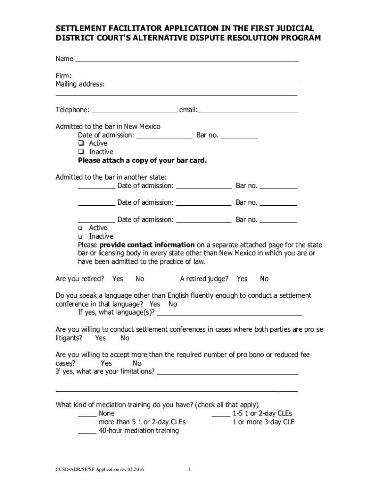 Fillable Online SETTLEMENT FACILITATOR APPLICATION IN THE ... Fax Email Print - pdfFiller