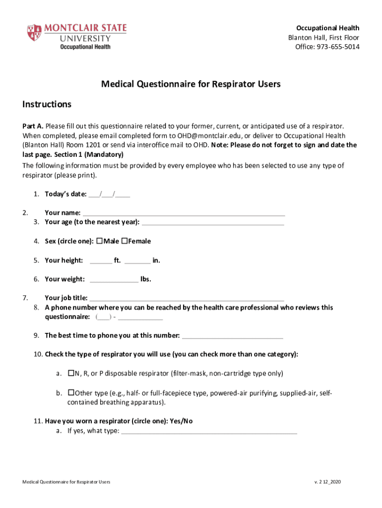 Fillable Online Medical Questionnaire for Respirator Users Instructions ...