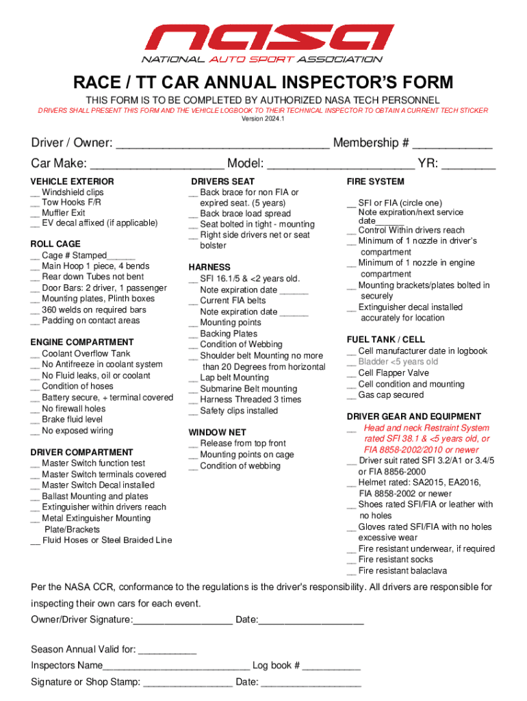 Fillable Online RACE / TT CAR ANNUAL INSPECTOR'S FORM Fax Email Print ...