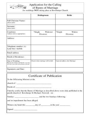 Fillable Online Application for the Calling of Banns of Marriage Fax Email Print - pdfFiller