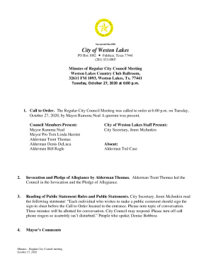 Fillable Online October 27, 2020, by Mayor Ramona Neal A quorum was ...