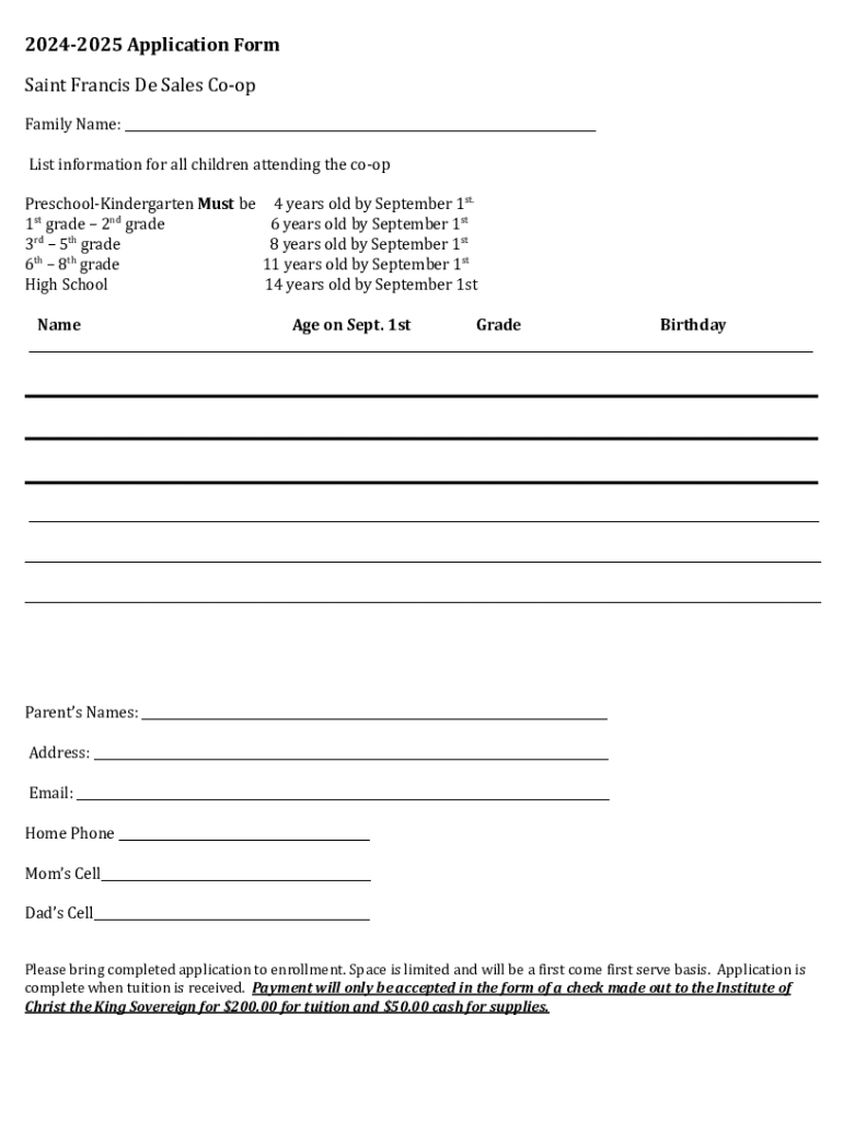 Fillable Online 2024-2025 Application Form Saint Francis De Sales Co-op ...