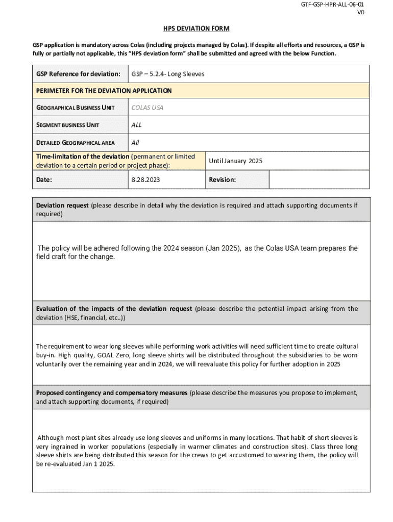 Fillable Online HPS DEVIATION FORM GSP Reference for ... - Colas USA ...