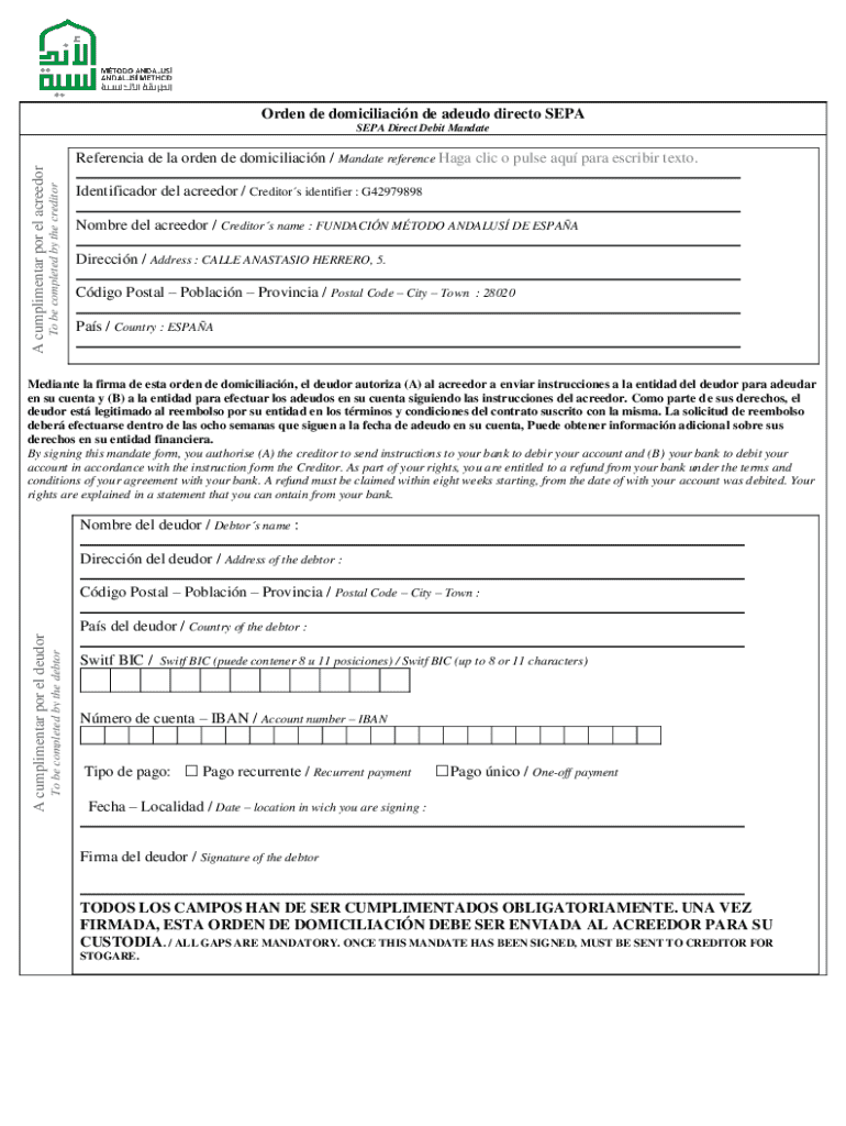 Completable En línea Referencia de la orden de domiciliacin / Mandate ...