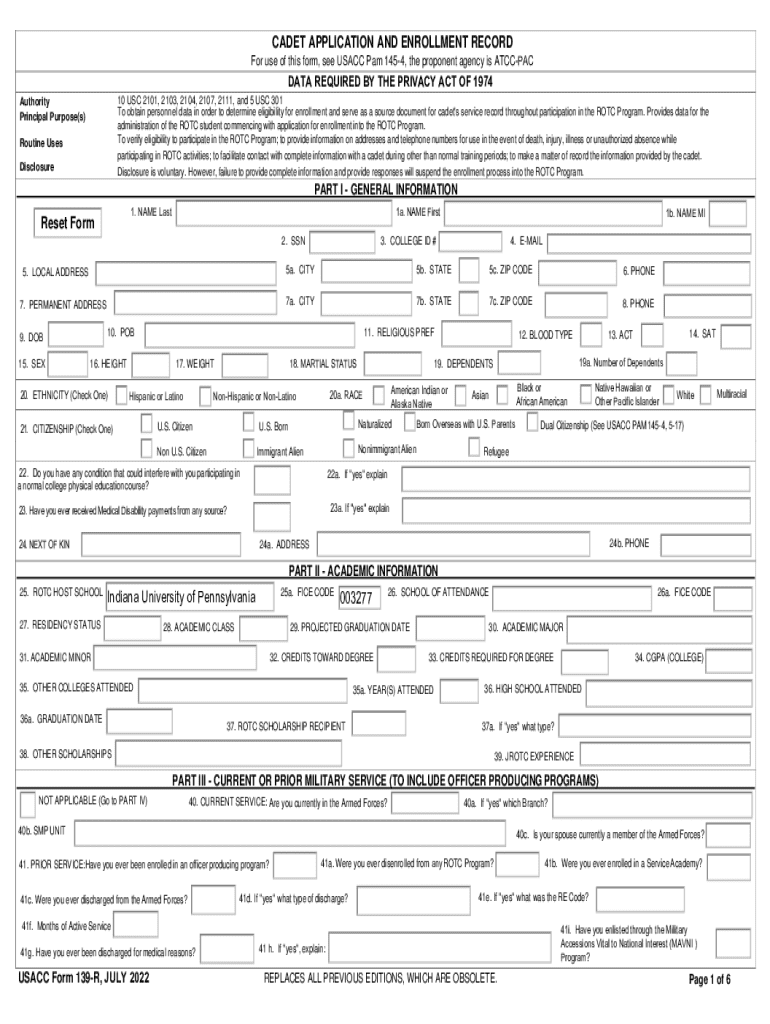 Fillable Online 139-R Cadet Application and Enrollment Record Fax Email ...