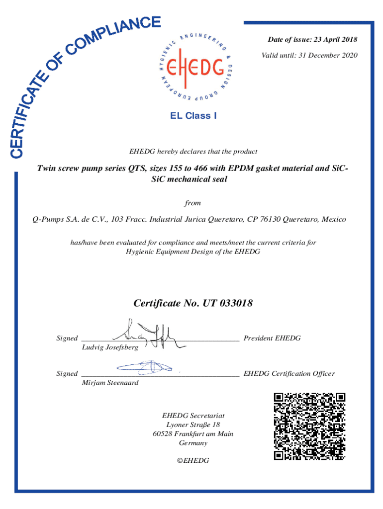 Fillable Online Certificate-EHEDG-Type-EL-Class-I-Aseptic. ... Fax ...