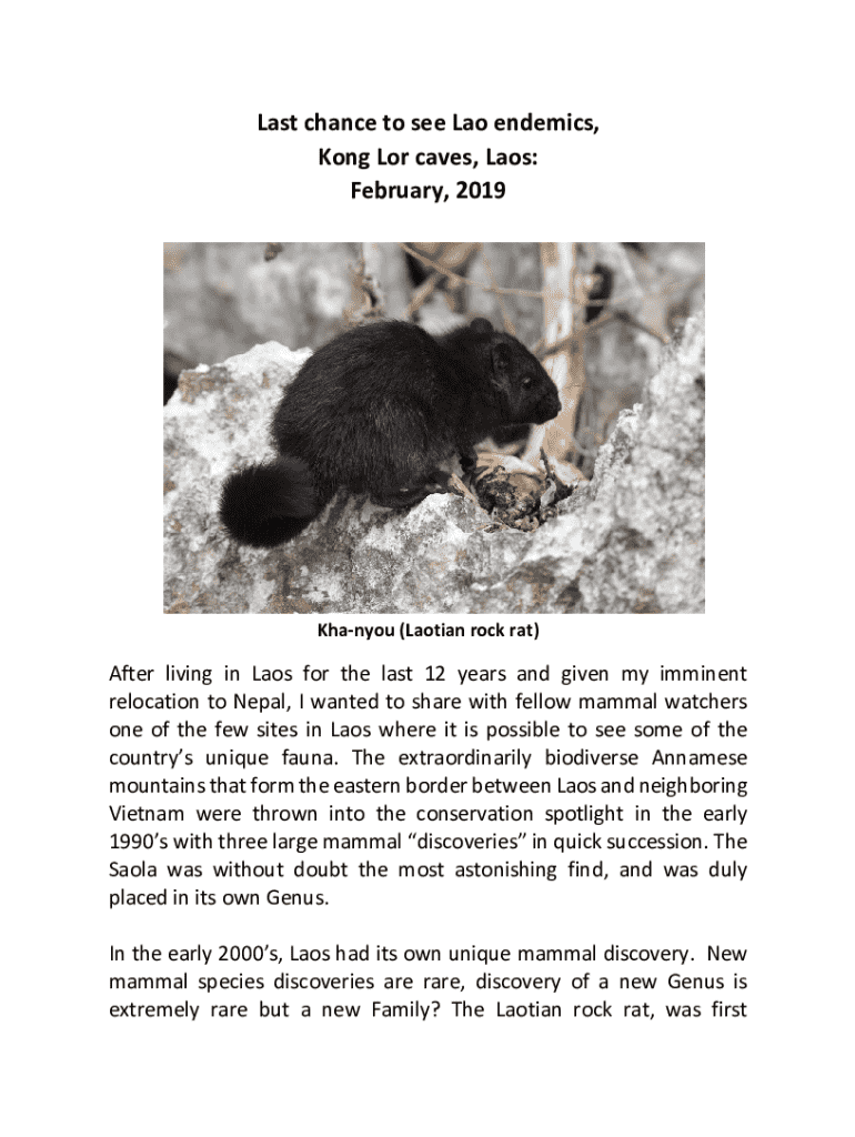 Fillable Online Last chance to see Lao endemics, Kong Lor caves, Laos ...