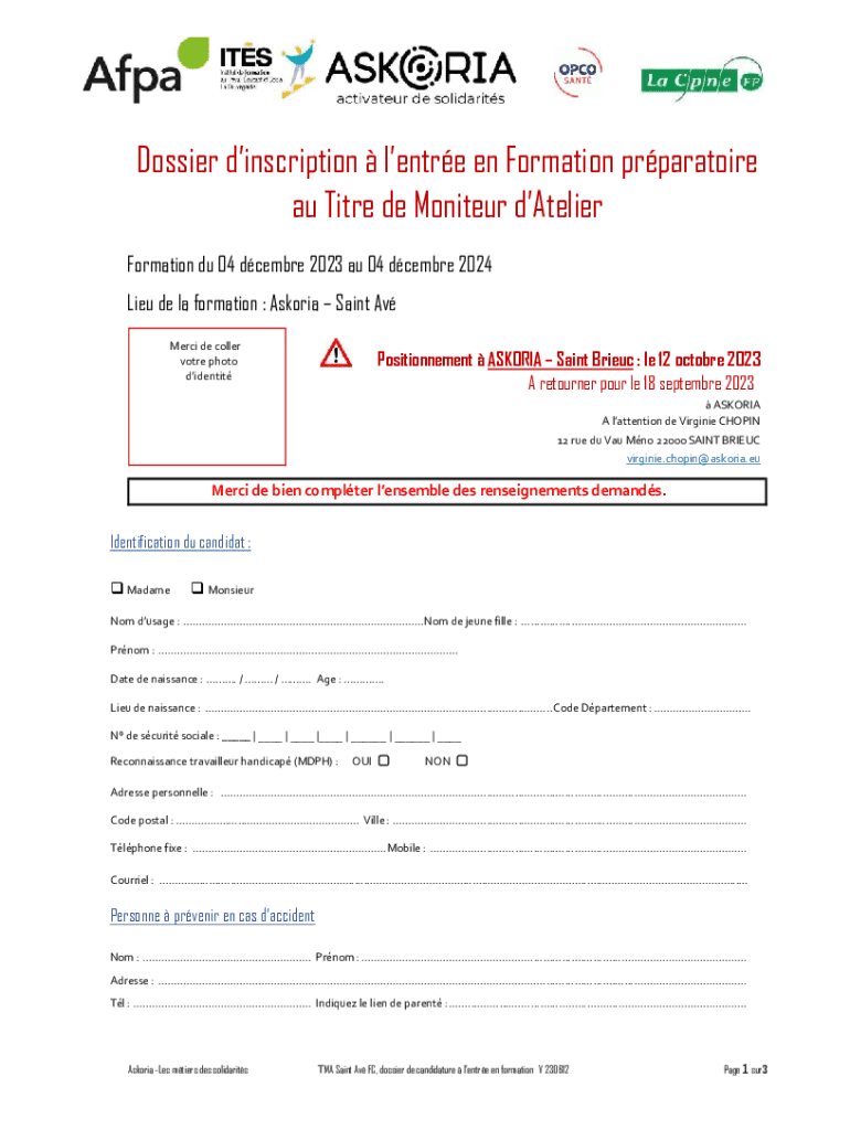Remplissable En Ligne Dossier dinscription lentre en Formation prparatoire Fax Email Imprimer ...