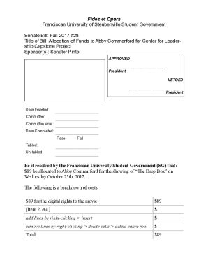 Fillable Online Fall 2017 Bill #28 - Franciscan University Student Government Fax Email Print ...