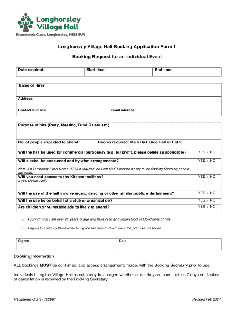 Fillable Online Longhorsley Village Hall Booking Application Form 1 ...