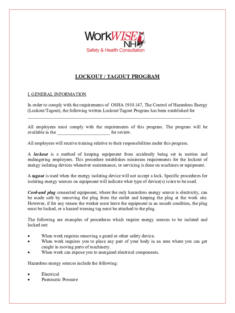 Fillable Online LOCKOUT / TAGOUT PROGRAM Fax Email Print - pdfFiller