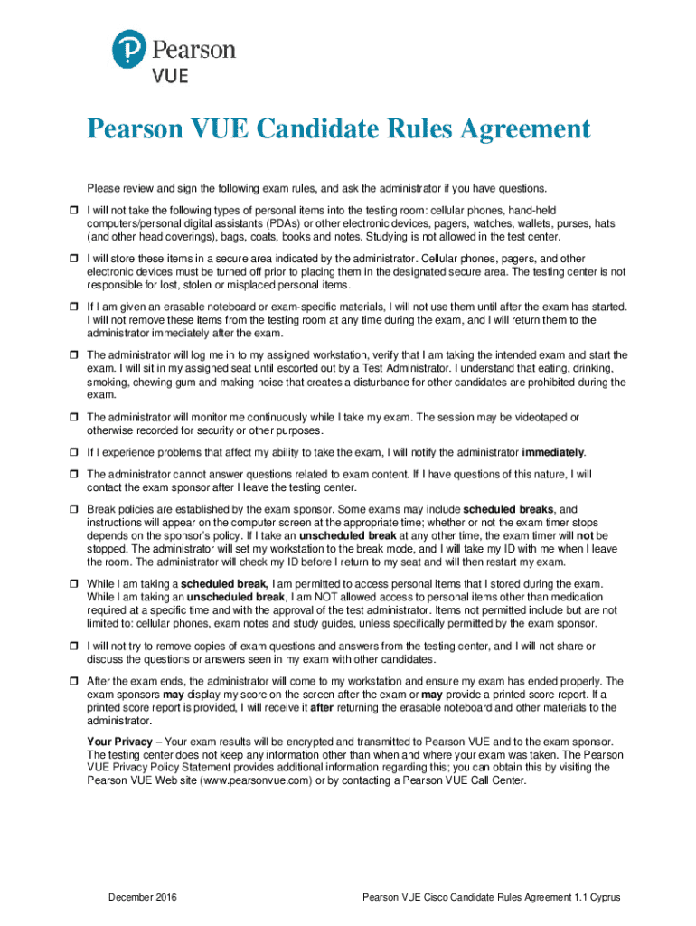 Fillable Online Pearson Vue Candidate Rules Agreement Please Review