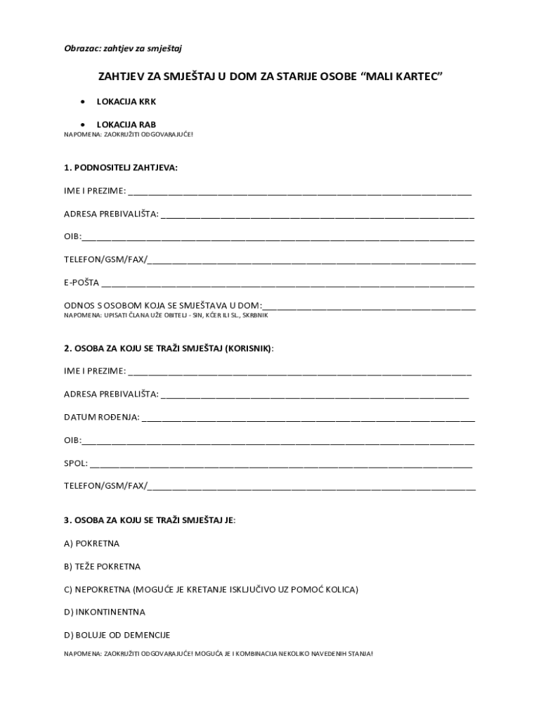 Fillable Online Obrazac: zahtjev za smjetaj Fax Email Print - pdfFiller