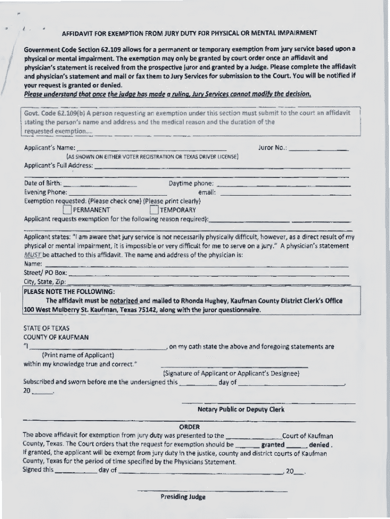 Fillable Online affidavit for exemption from jury duty inability to comprehend ... Fax Email ...