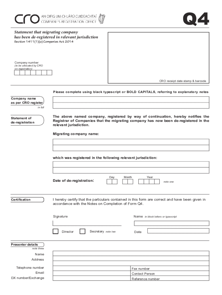 Fillable Online Q4 - Statement of De-registration in other jurisdiction. Q4 - Form to be ...