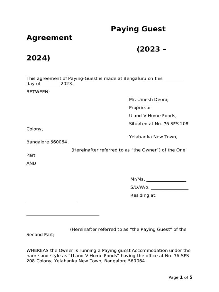 Paying Guest Agreement (20232024) - HOME FOODS Doc Template | pdfFiller