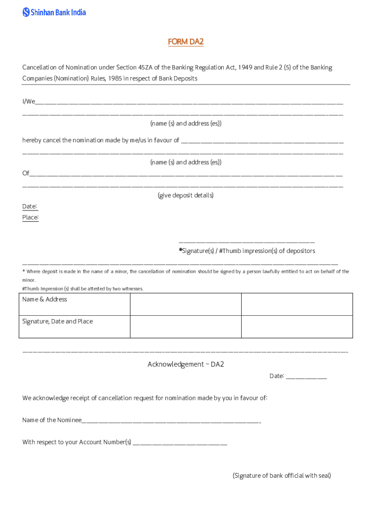 Fillable Online Request for cancellation of Nomination (Form DA-2) in ...