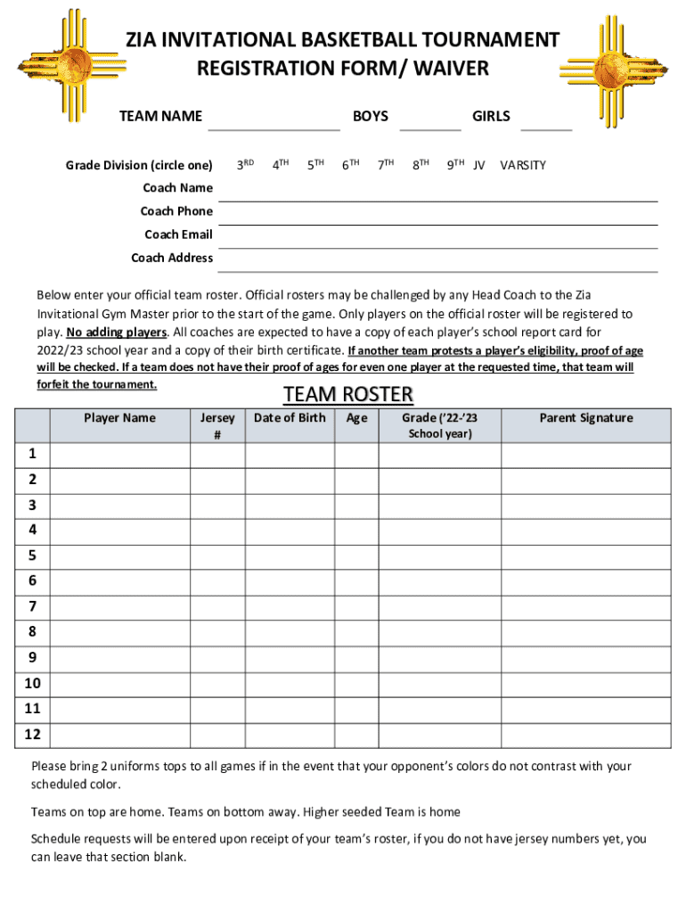 Fillable Online Zia Invitational Basketball Tournament Registration ...