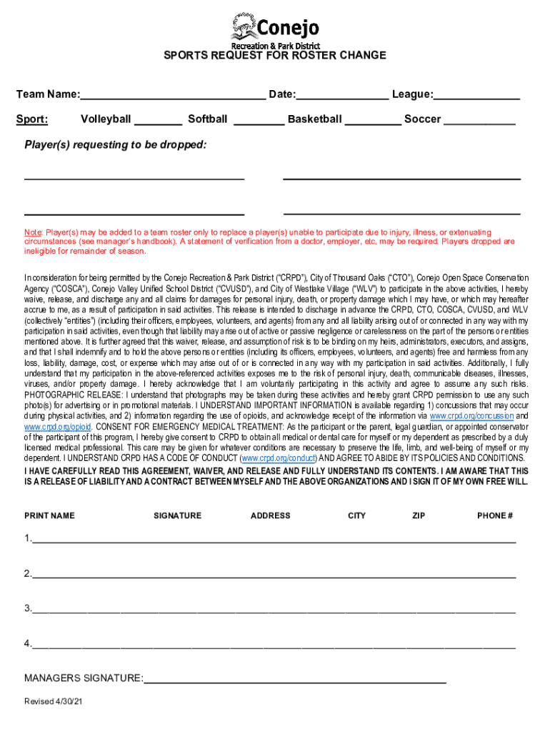 Fillable Online CONEJO RECREATION & PARK DISTRICT / SPORTS Fax Email Print - pdfFiller