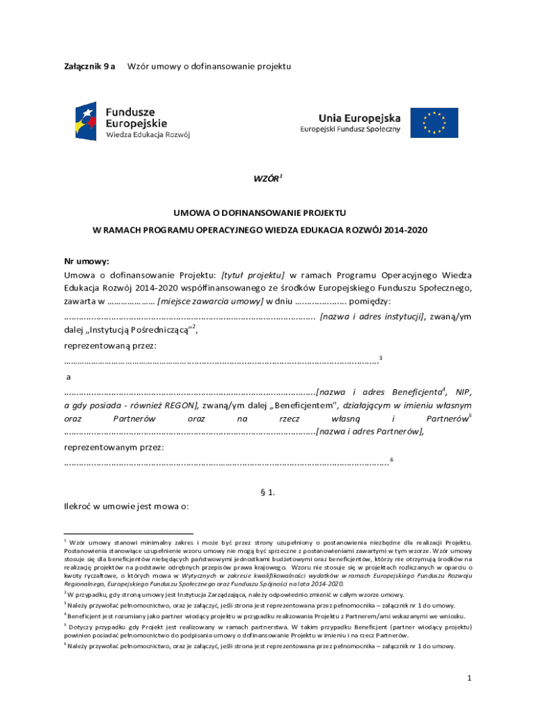 Fillable Online Zacznik nr 1Wzr Umowy o dofinansowanie projektu w ...