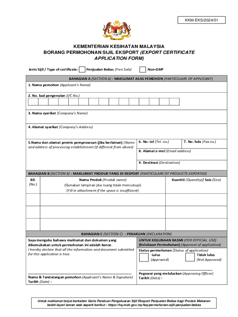 Fillable Online Malaysia Food Export Certificate Application ...