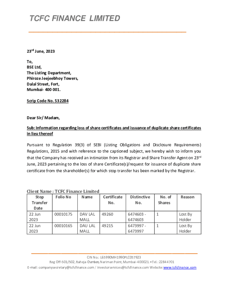 Fillable Online that the Company has received an intimation from its ...