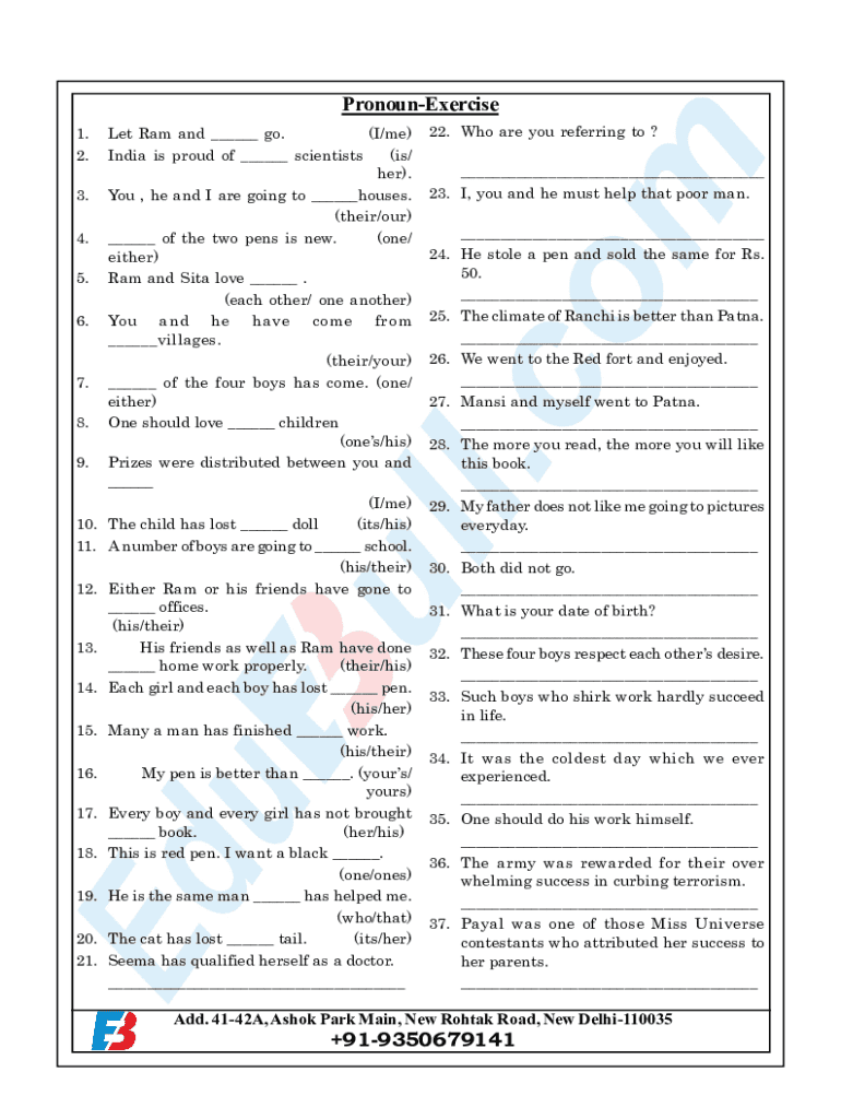 Fillable Online +91-9350679141 Pronoun-Exercise Fax Email Print - pdfFiller