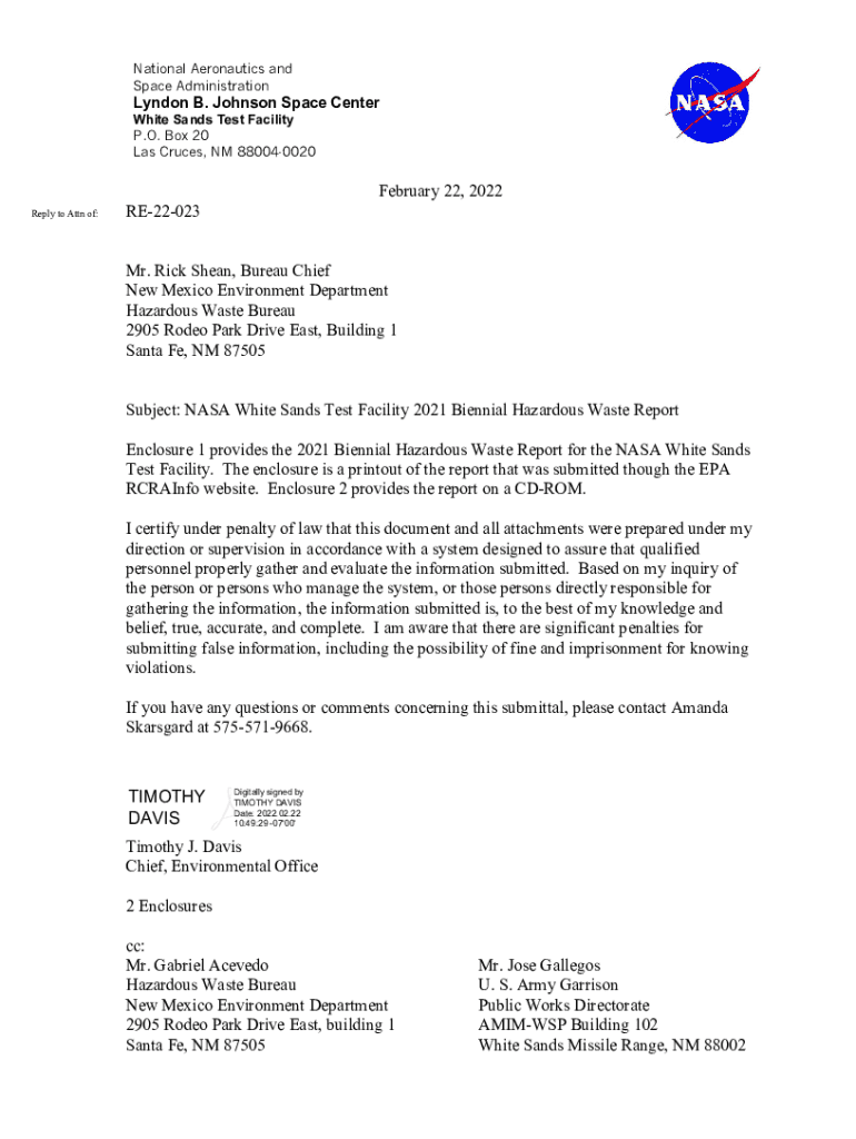 Fillable Online NASA White Sands Test Facility 2021 Biennial Hazardous ...