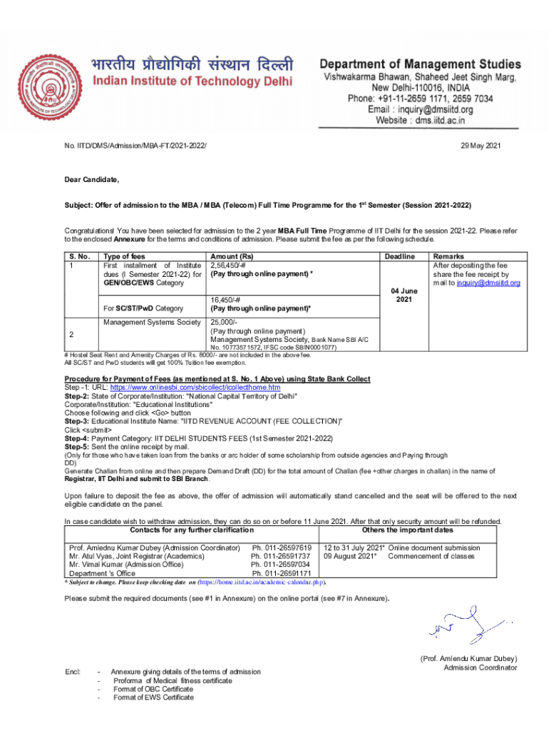 Fillable Online dms iitd ac MBA-Full-Time-2021-General-Offer-letter.pdf ...