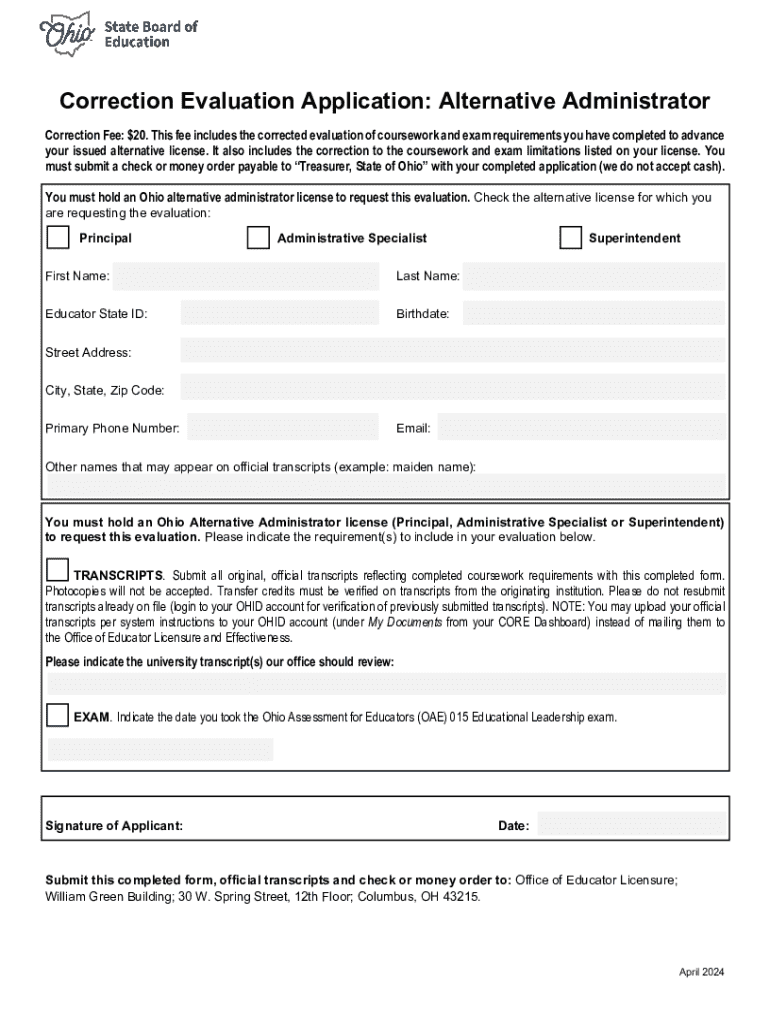 Fillable Online Alternative Administrator Correction Evaluation Application. Alternative ...