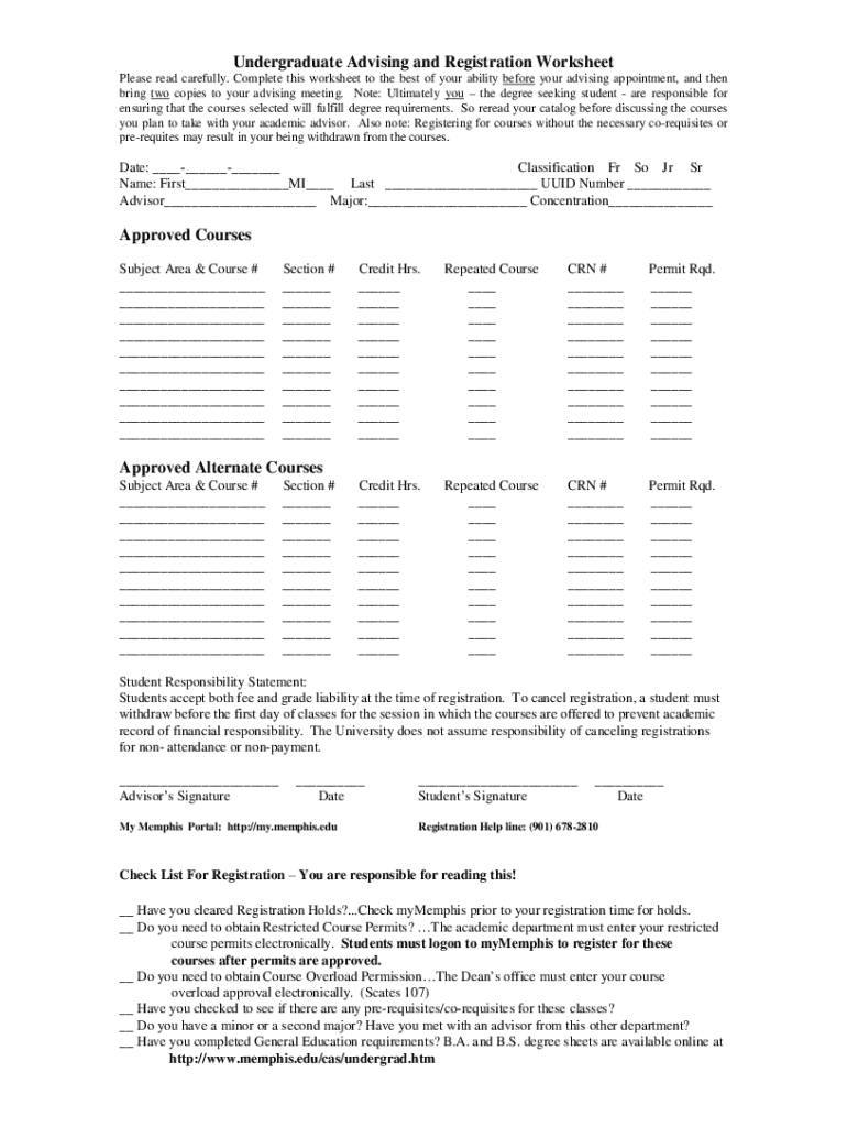 Fillable Online Undergraduate Advising and Registration Worksheet Fax ...