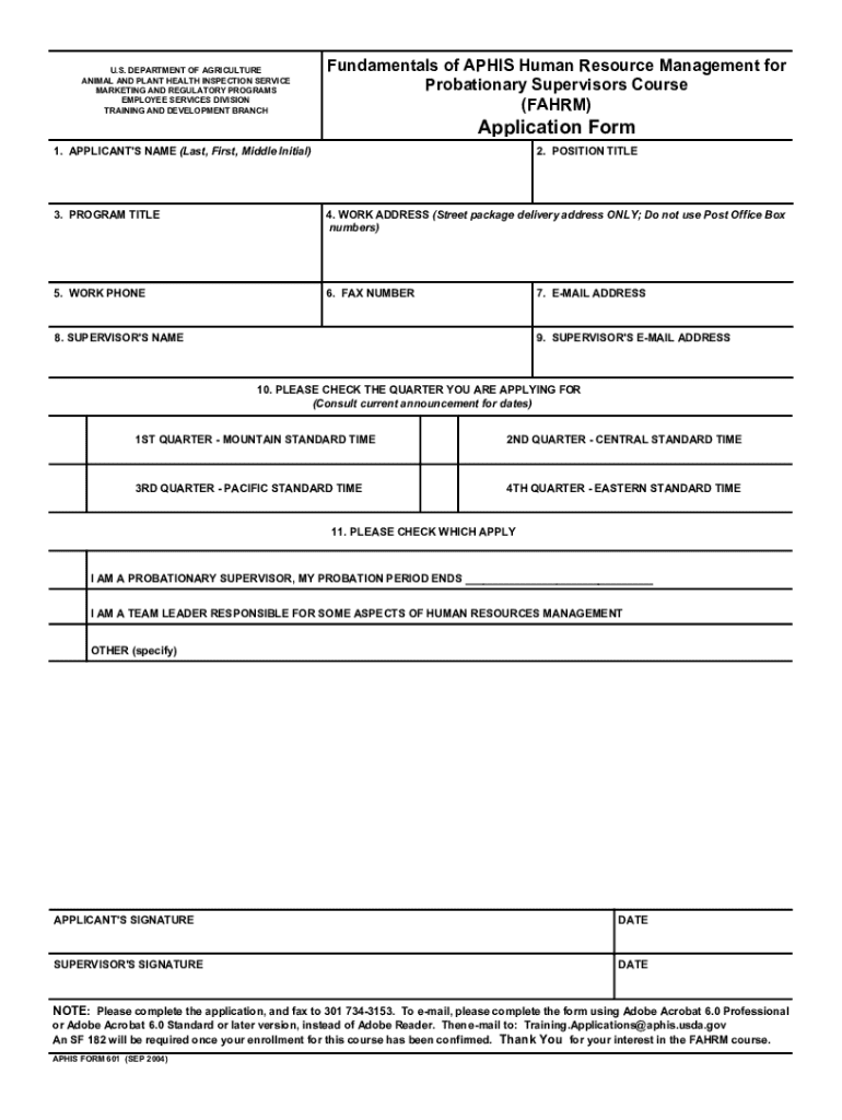 Fillable Online APHIS Form 601Fundamentals of APHIS Human Resource ...