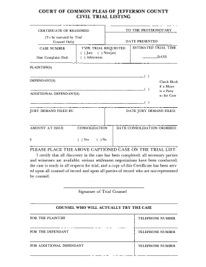 Fillable Online Certificate of Readiness for Trial Listing Fax Email ...
