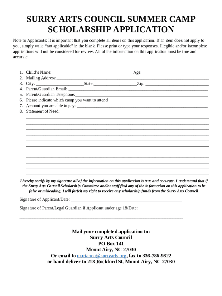 surry arts council summer camp scholarship application Doc Template ...