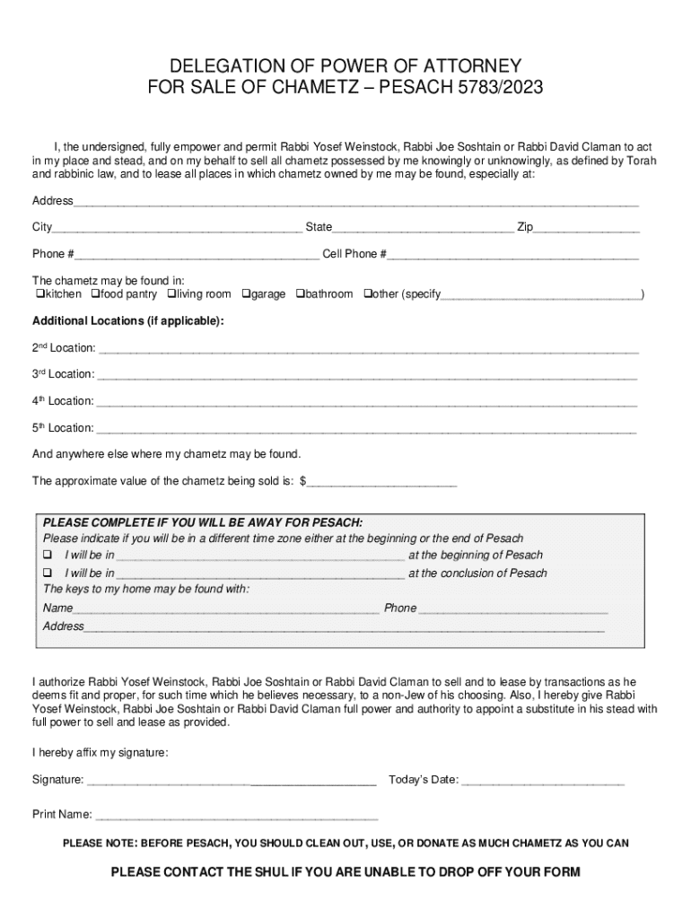 Fillable Online delegation of power of attorney for sale of chametz... Fax Email Print - pdfFiller