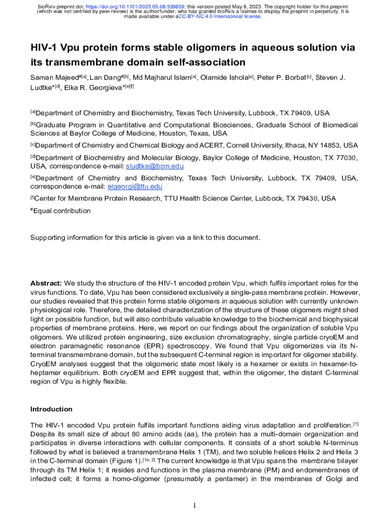 Fillable Online HIV-1 Vpu protein forms stable oligomers in aqueous ...