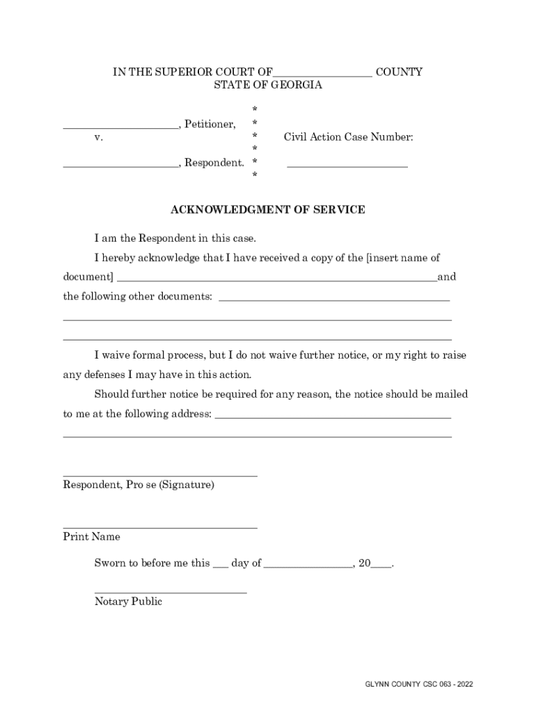 Fillable Online Glynn County - FOR Acknowledgment of Service Fax Email ...