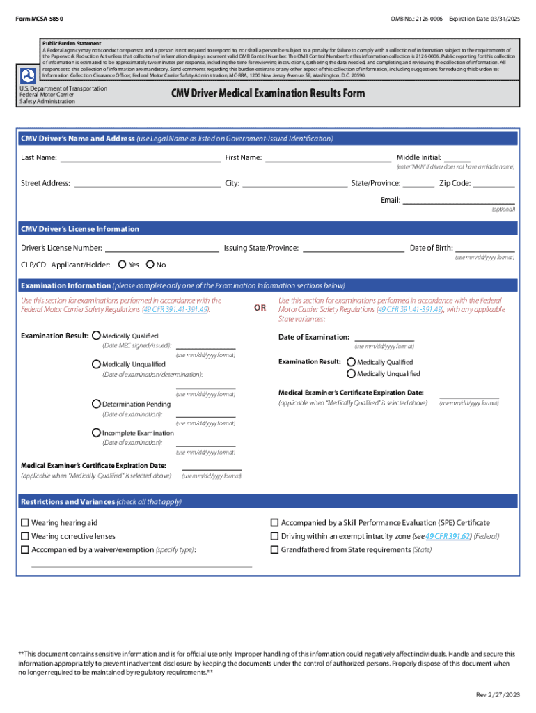 Fillable Online FMCSA Form MCSA-5850. CMV Driver Medical Examination ...