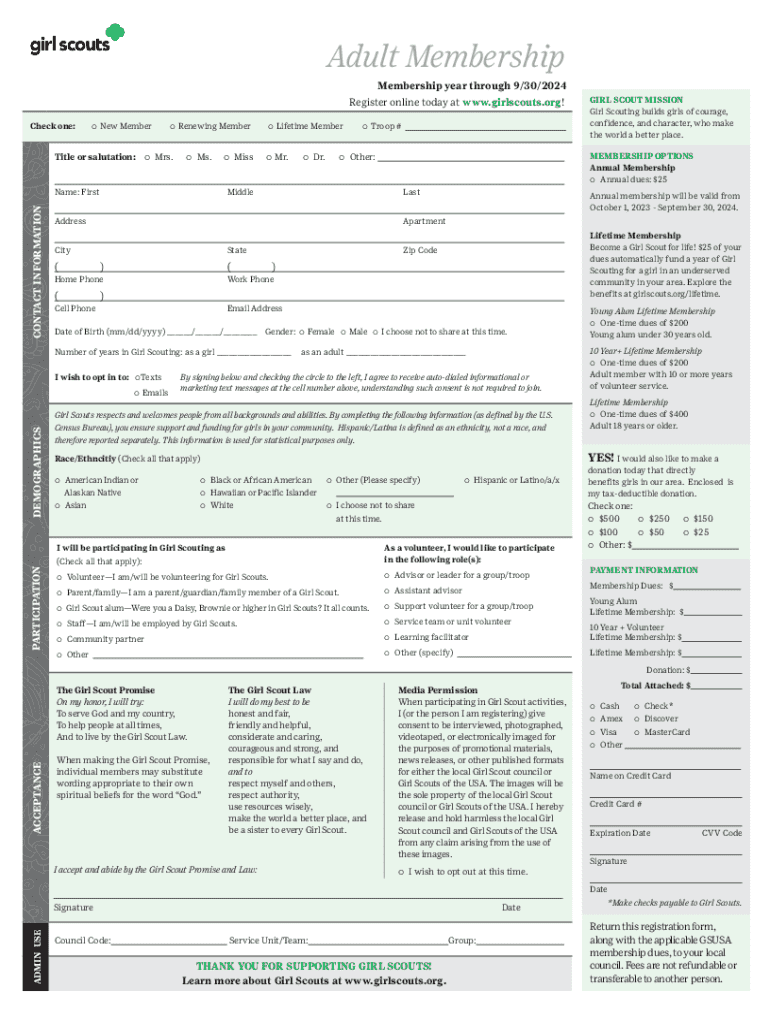 Fillable Online 2022-2023 Girl Scouts Adult Membership Form. 2022-2023 Girl Scouts Adult ...