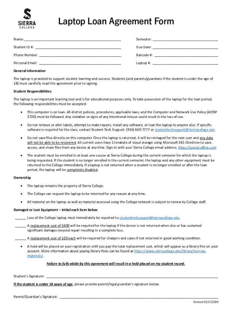Fillable Online SP '20 Laptop Loan Agreement Form Fax Email Print ...