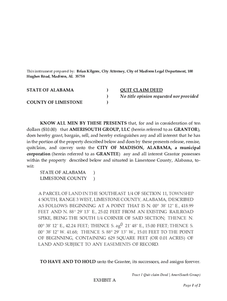 Fillable Online EXHIBIT N STATE OF ALABAMA ) QUIT CLAIM DEED ) No ... Fax Email Print - pdfFiller