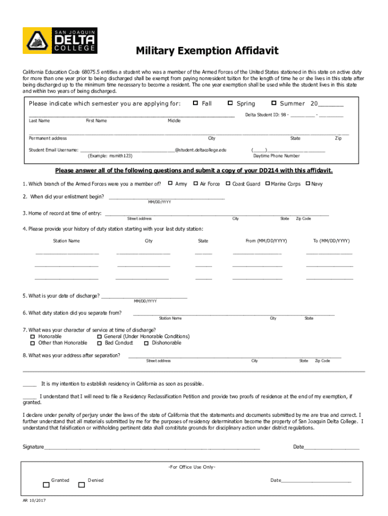 Fillable Online Students in the Military Residence Determinations for ...