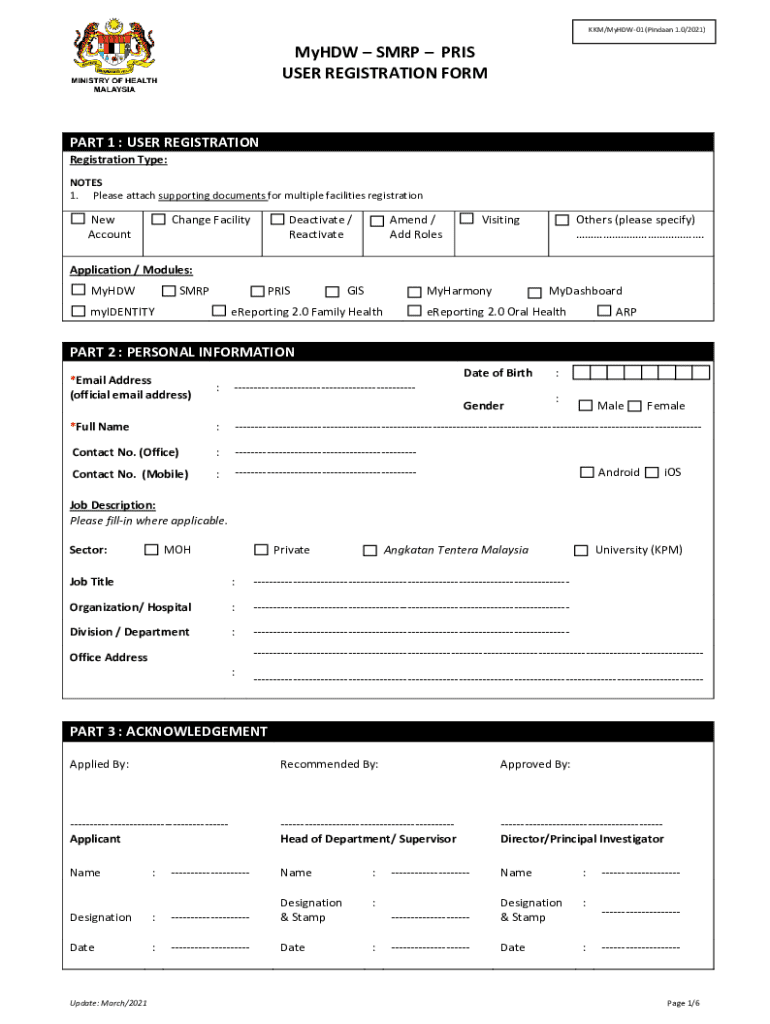 Fillable Online MyHDW SMRP PRIS USER REGISTRATION FORM Fax Email Print ...