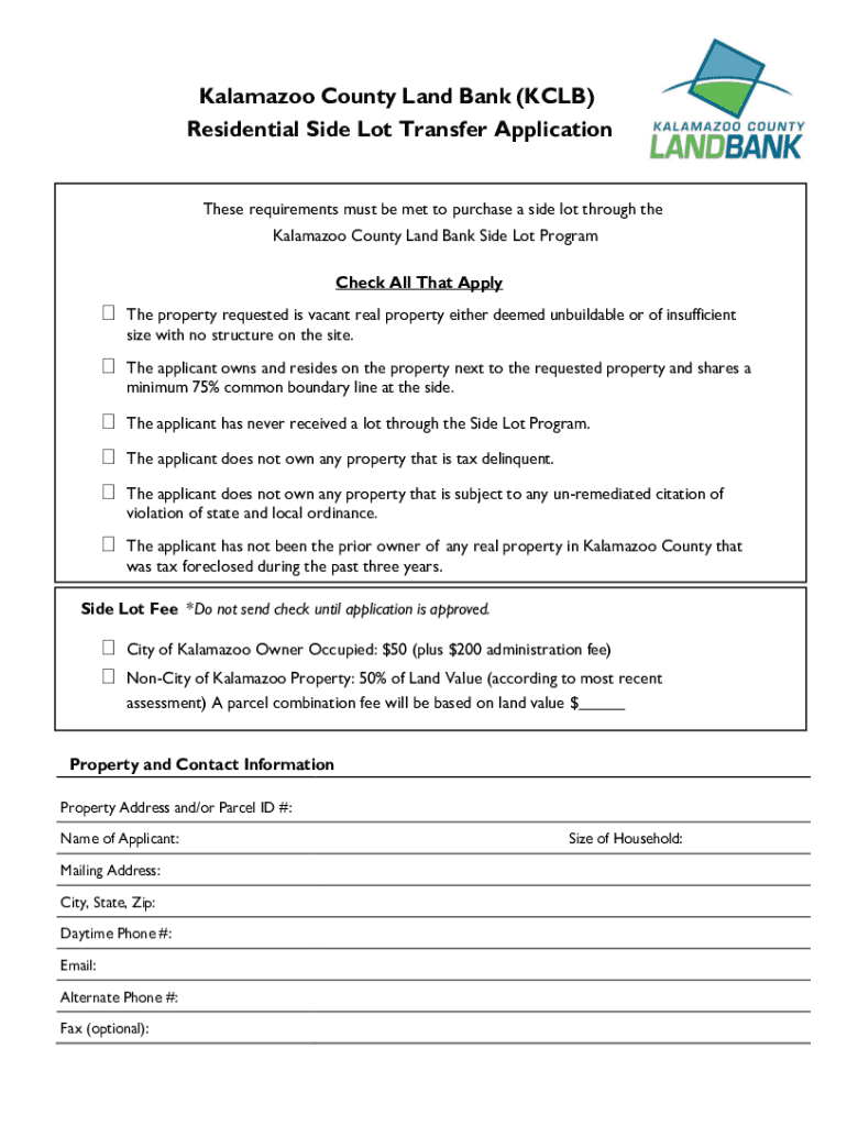 Fillable Online Side Lot Conveyance Application - Michigan Land Bank ...