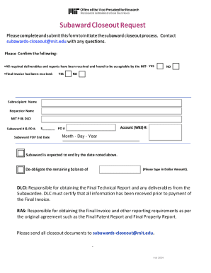 Fillable Online kc mit Subaward Closeout Request. Subaward Closeout ...