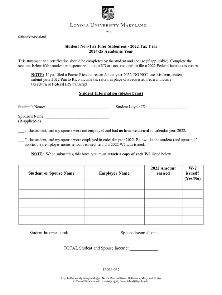 Fillable Online Student Non-Tax Filer Statement - 2022 Tax Year 2024-25 ...
