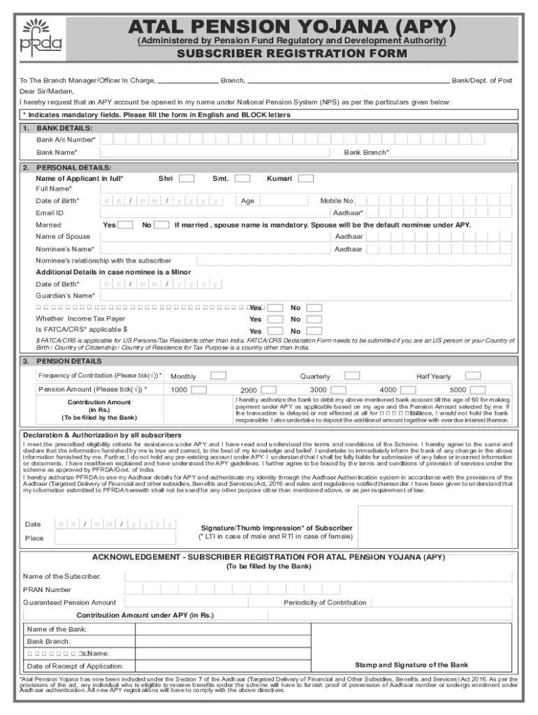 Fillable Online ATAL PENSION YOJANA (APY) - SUBSCRIBER ... Fax Email ...