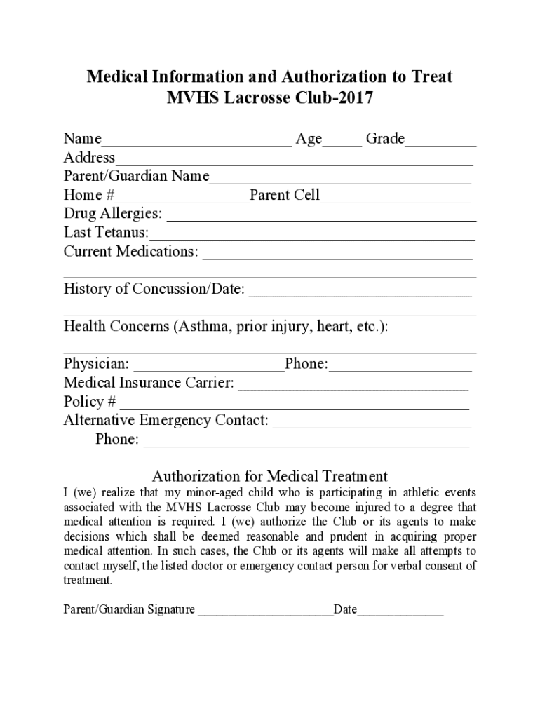 Fillable Online Medical Information and Authorization to Treat MVHS ... Fax Email Print - pdfFiller